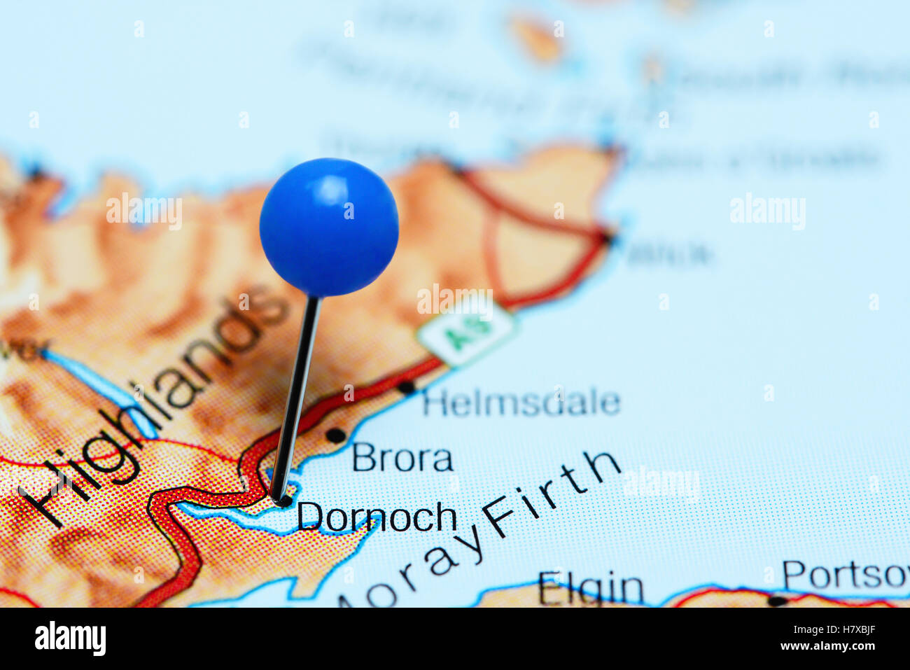 Dornoch pinned on a map of Scotland Stock Photo - Alamy