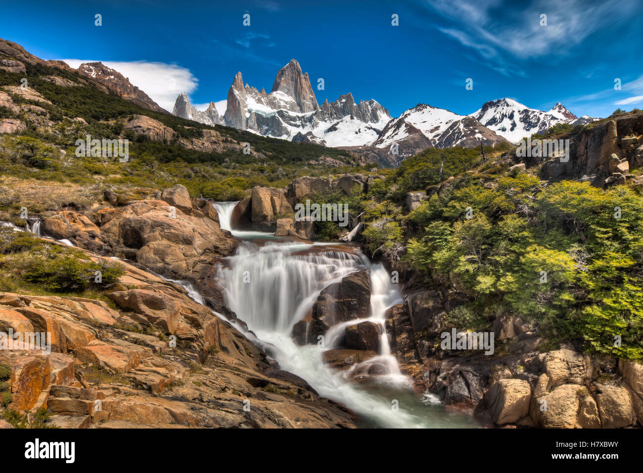 Waterfall below Mount Fitzroy, Los Glaciares National Park, Patagonia ...