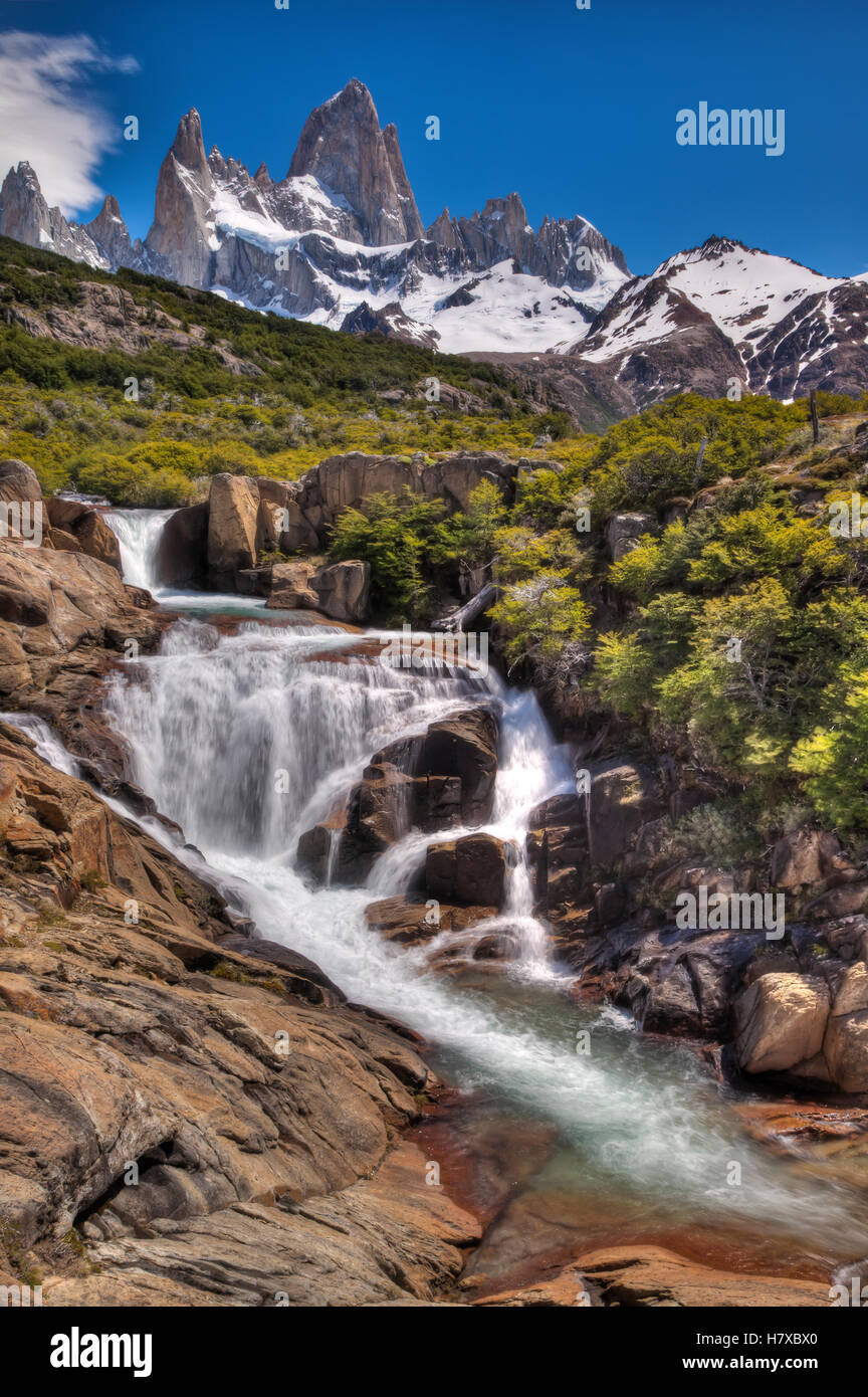 Waterfall below Mount Fitzroy, Los Glaciares National Park, Patagonia ...