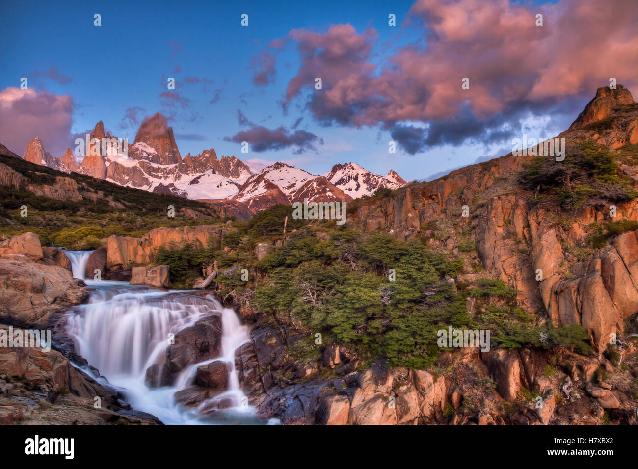 Waterfall at dawn below Mount Fitzroy, Los Glaciares National Park ...