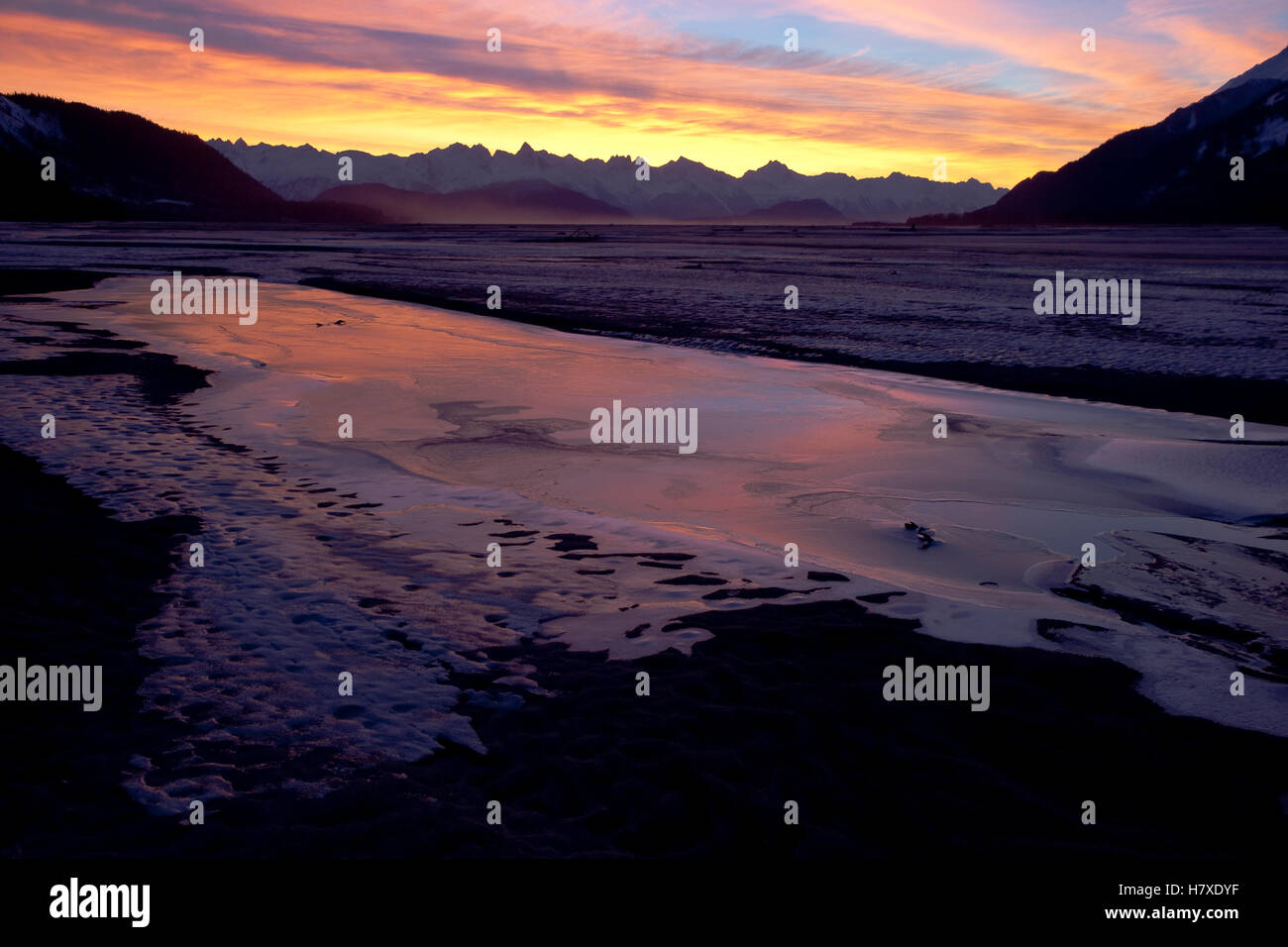 Sunrise behind mountains above Chilkoot Inlet, Haines, Alaska Stock ...