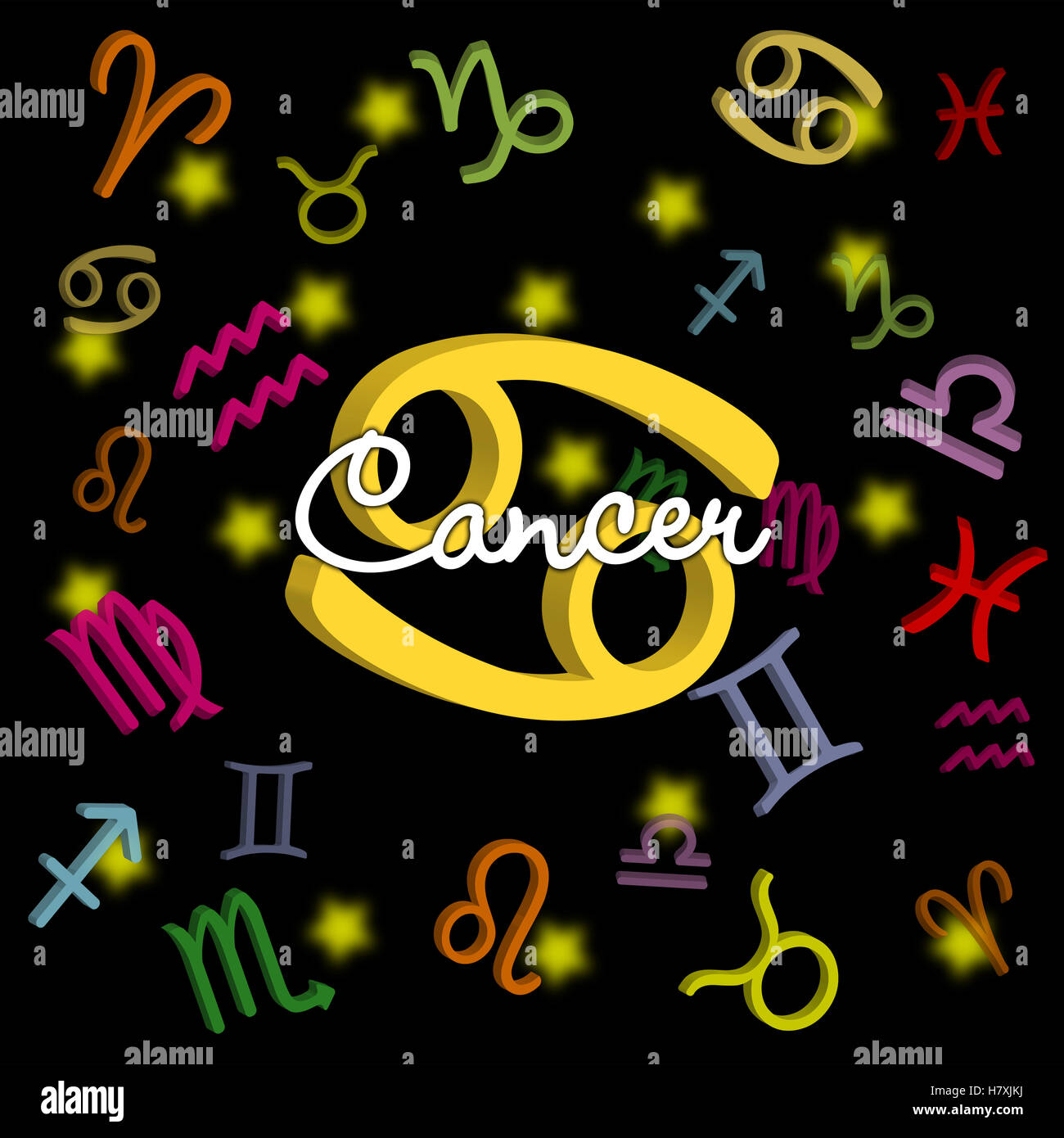Cancer Zodiac Sign with Astrological Symbols on Black Background Ideal ...