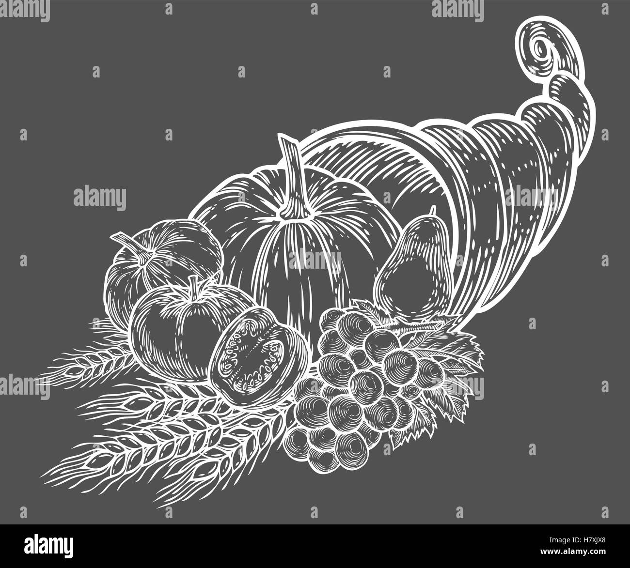 Thanksgiving autumn cornucopia festival emblem. Monochrome vintage ...