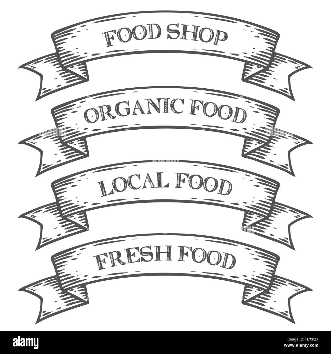 Food shop market emblem ribbon. Monochrome medieval set vintage ...