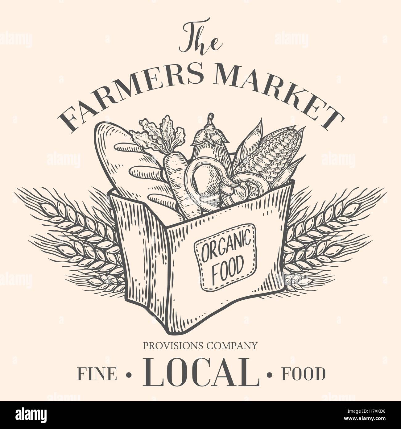 Farmers market emblem with paper food package. Monochrome medieval set ...