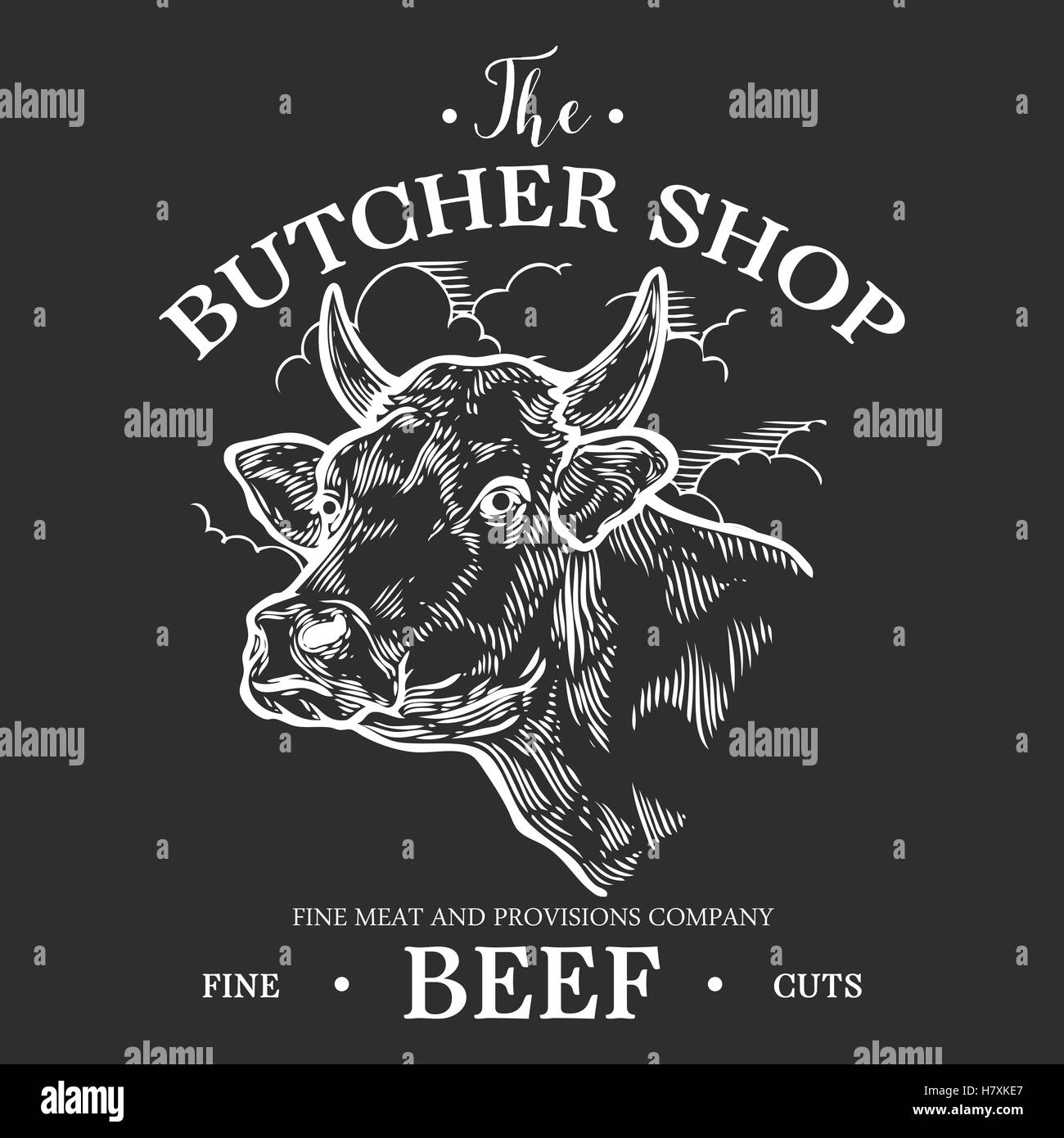 Cow head, Fresh beef organic meat. Hand drawn sketch in a graphic style ...