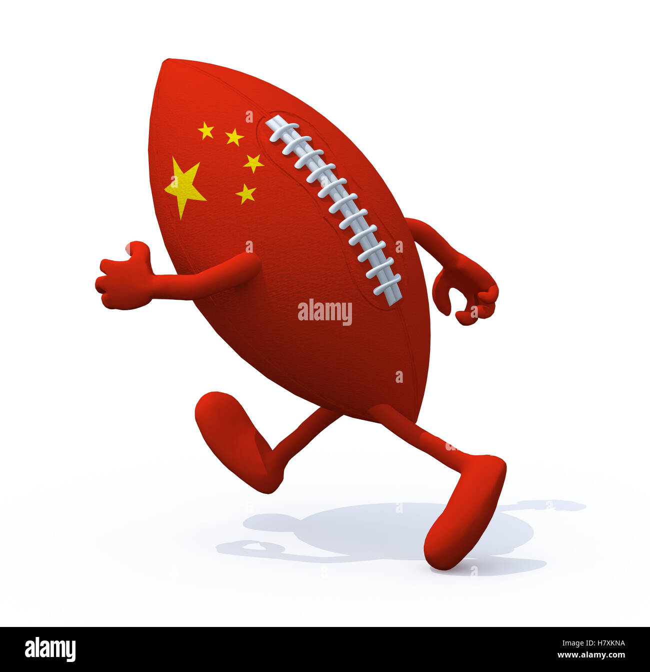 Chinese flag on the rugby ball with arms and legs that runs away, 3D ...
