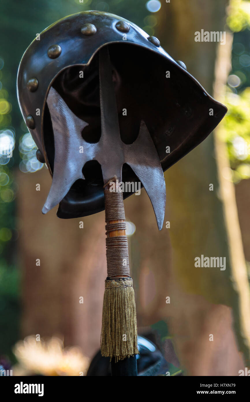 Medieval Ancient Halberd Weapon and Metallic Helmet Stock Photo - Alamy