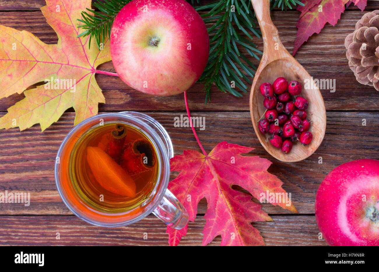 tea with cinnamon and lemon, colorful autumn leaves of maple, hawthorn ...