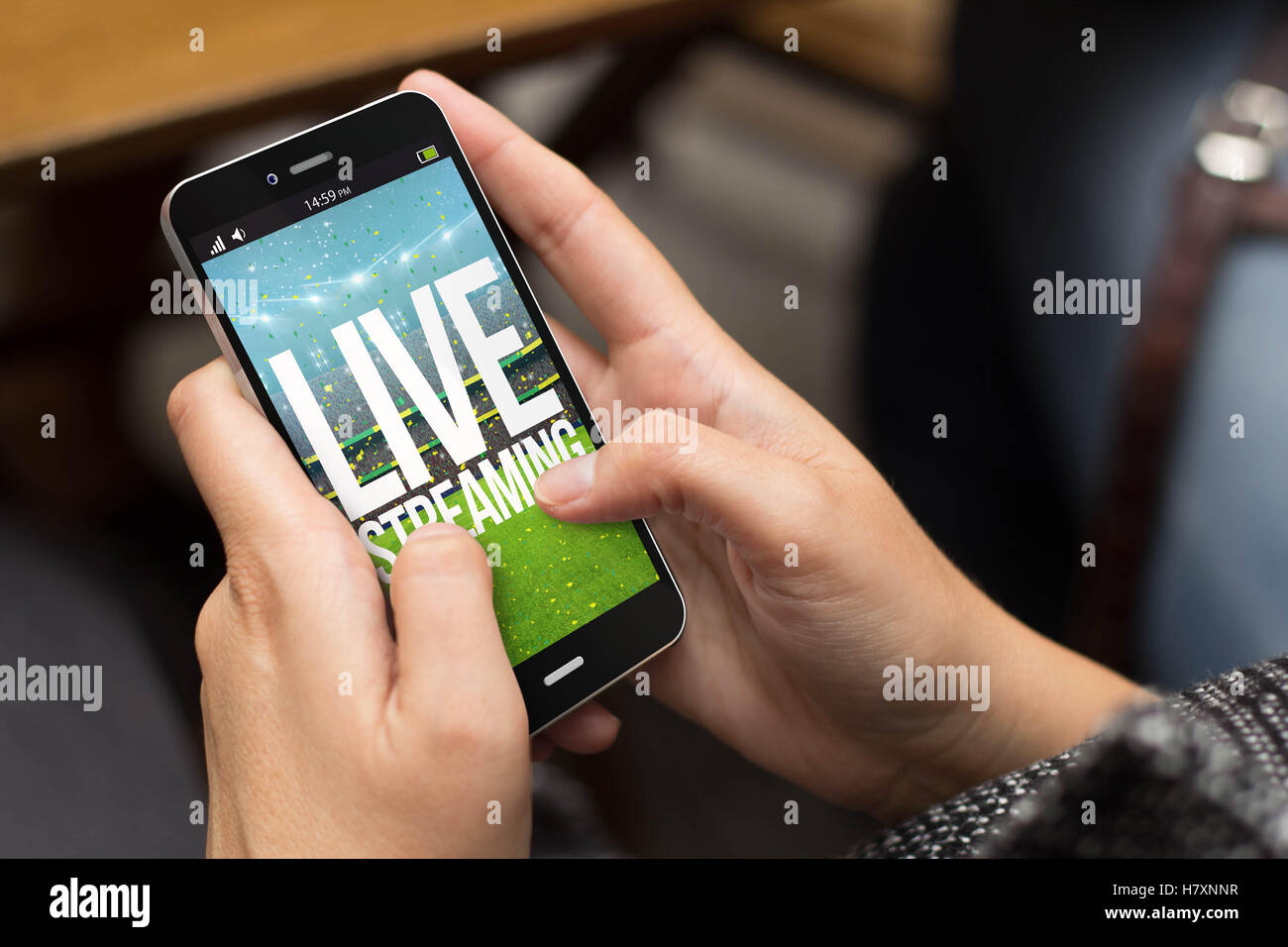 mobile streaming concept: girl using a digital generated phone with ...