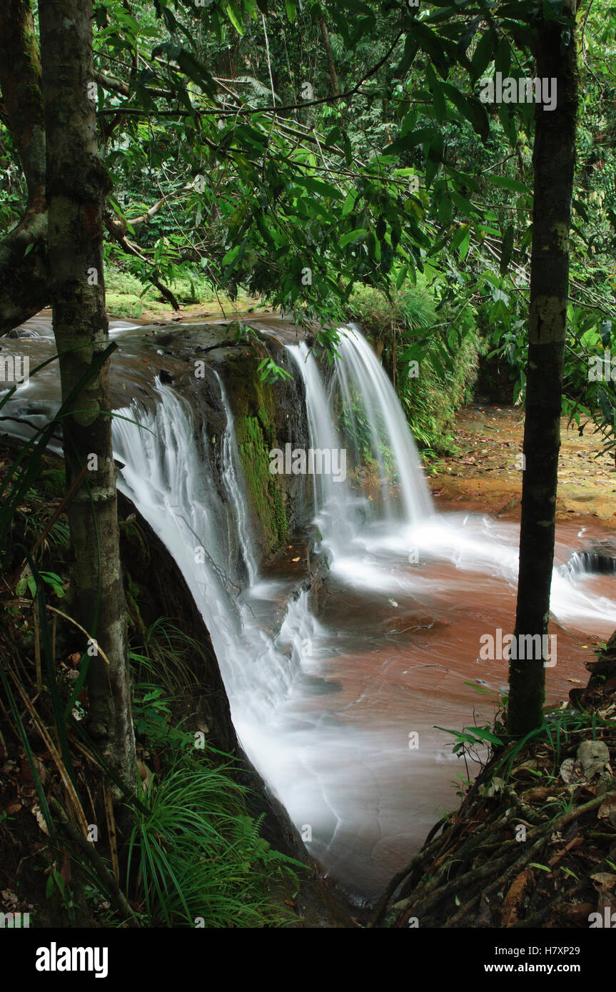 Waterfalls cascading over layered beds of sandstone, Lambir Hills ...