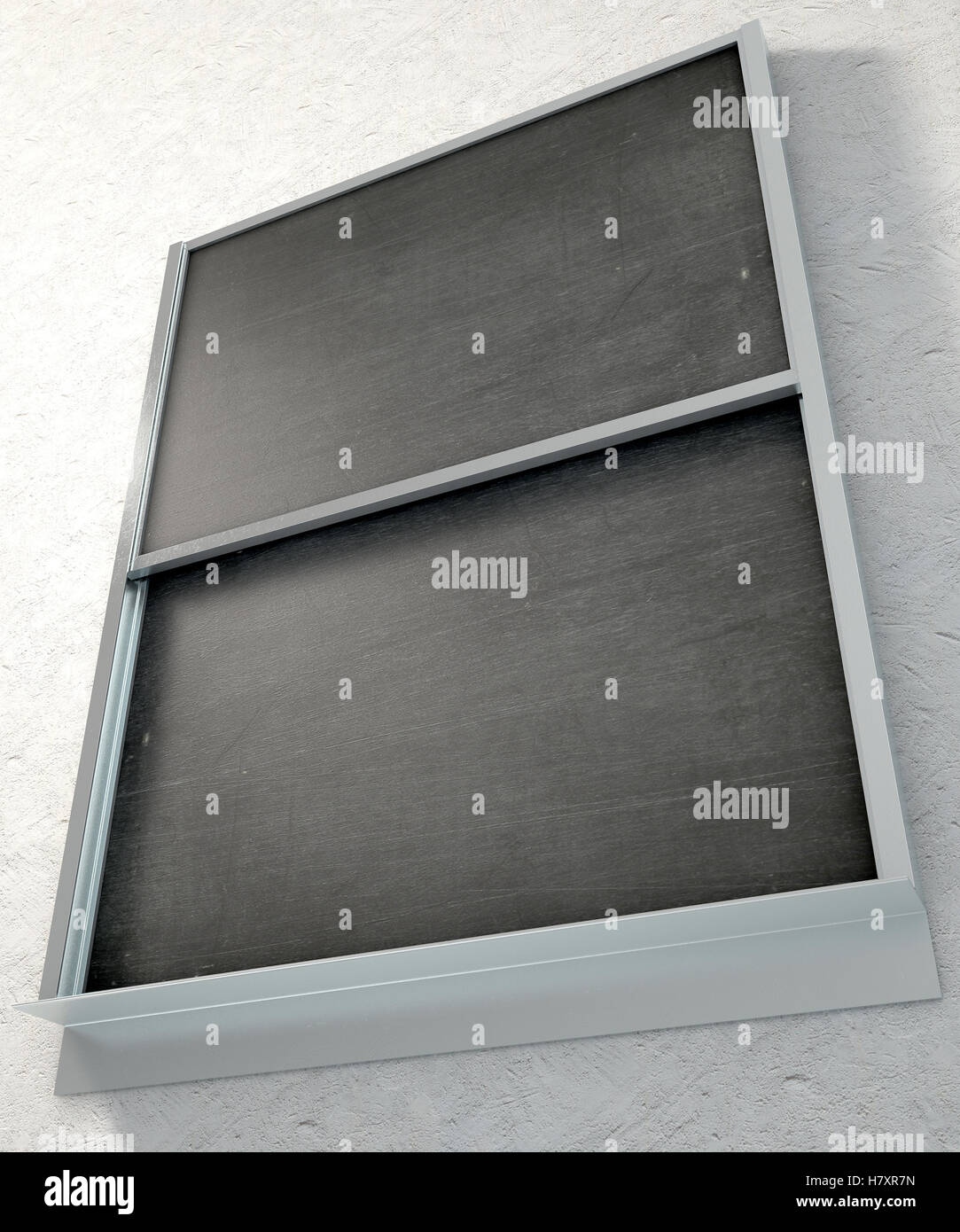 A 3D render of a rectangular black chalkboard with a metal frame split ...