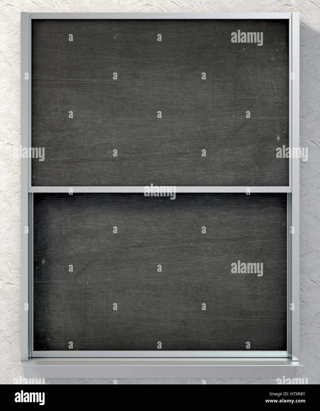 A 3D render of a rectangular black chalkboard with a metal frame split ...