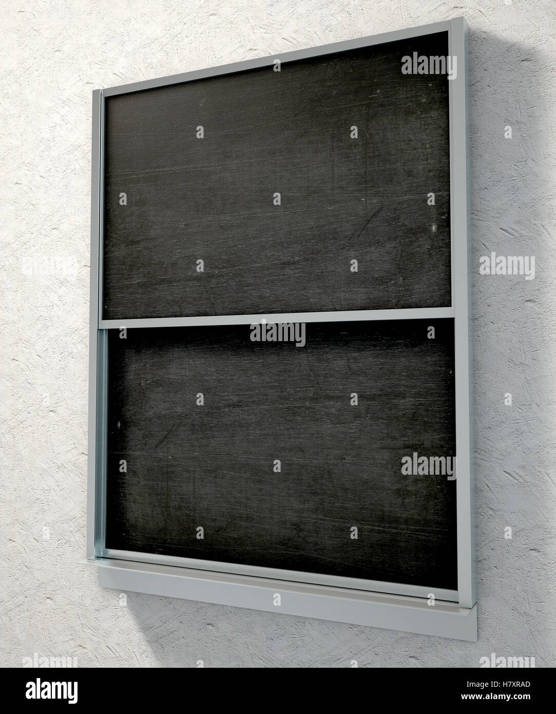 A 3D render of a rectangular black chalkboard with a metal frame split ...