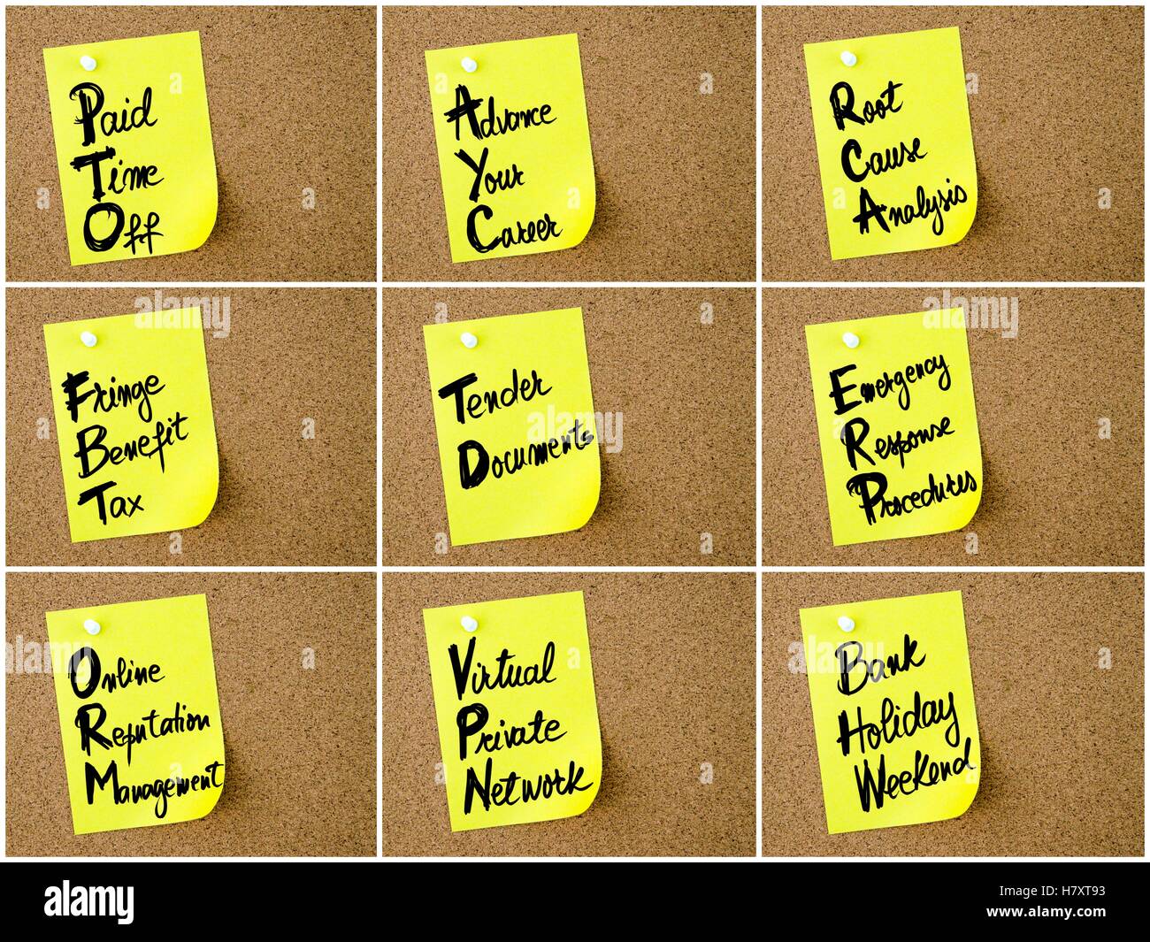 Collage of Business Acronyms written on yellow paper note pinned on ...