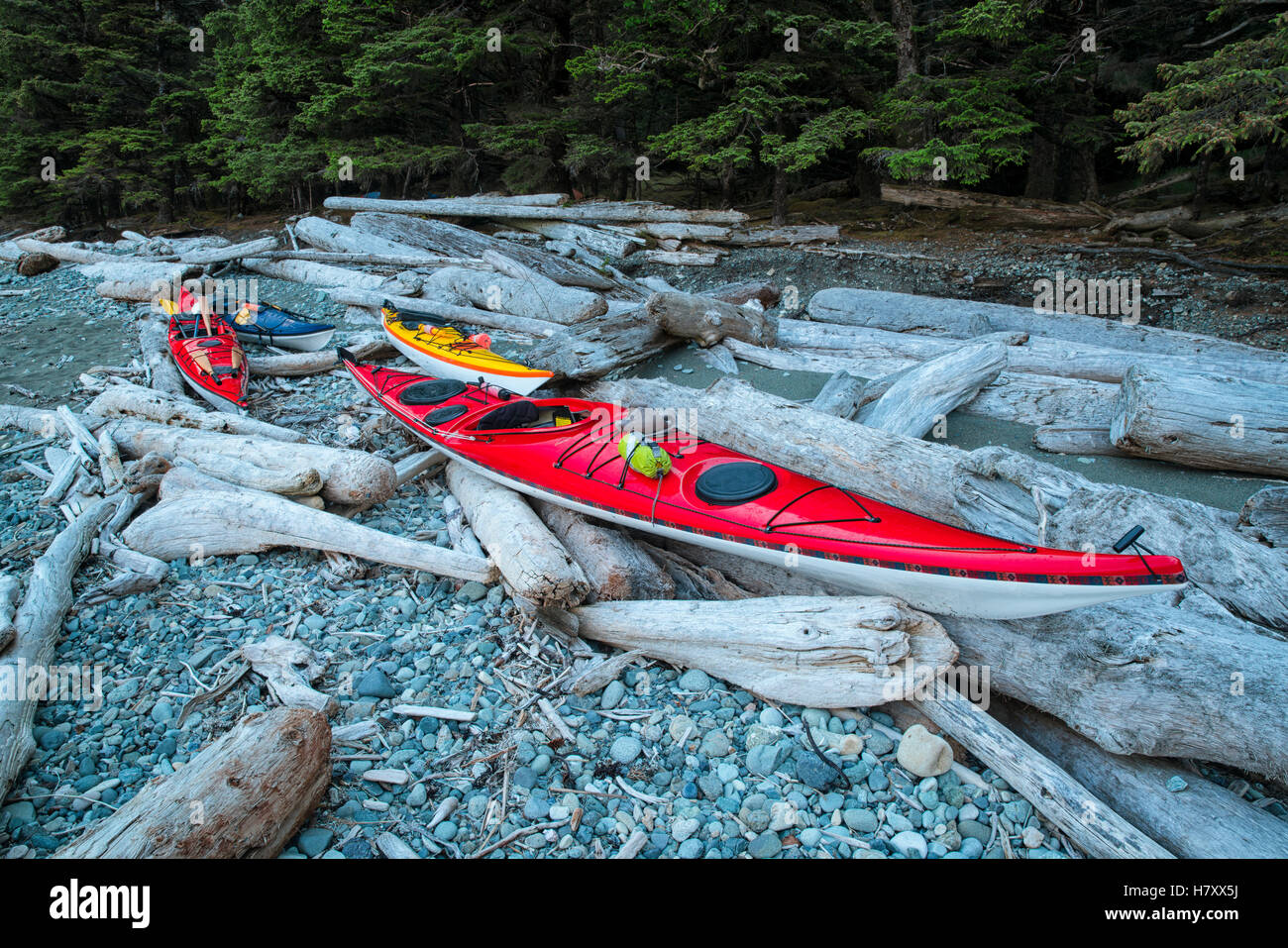 Kayaks lie on the shoreline waiting for the weather to clear; Haida ...