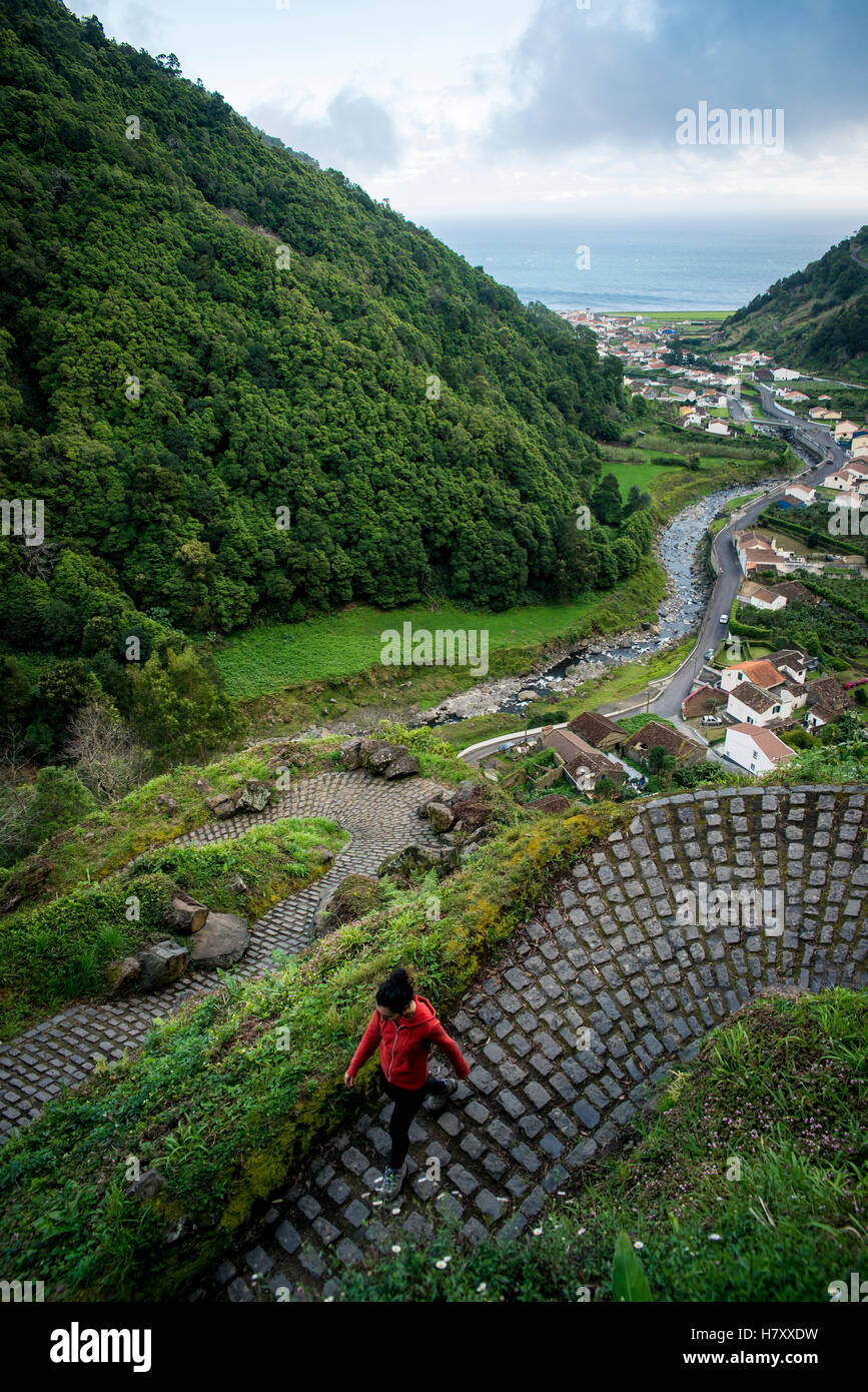 Young woman trekking in Faial da Terra; Sao Miguel, Azores, Portugal ...