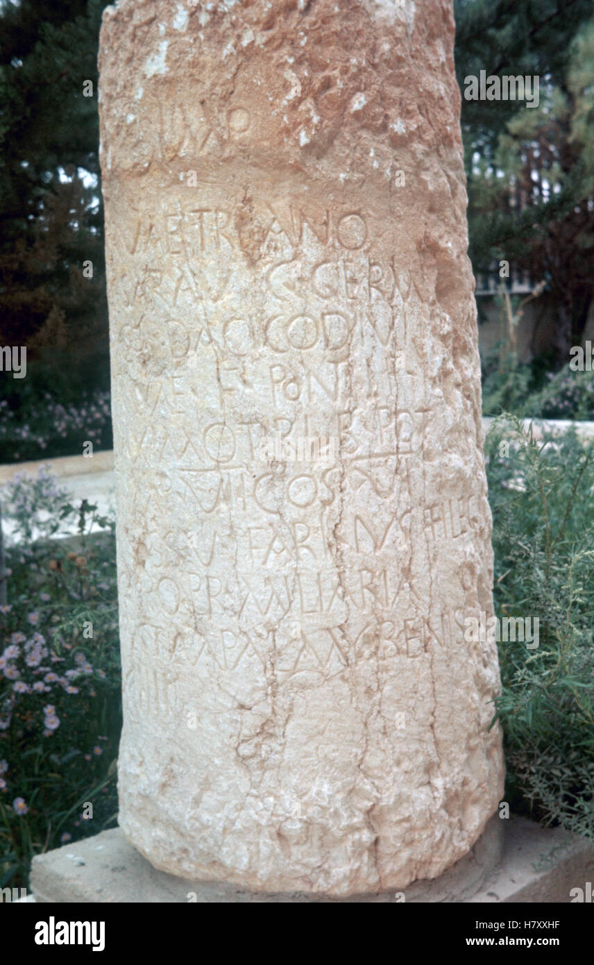 A column with latin inscription at the Museum in the ancient Syrian ...