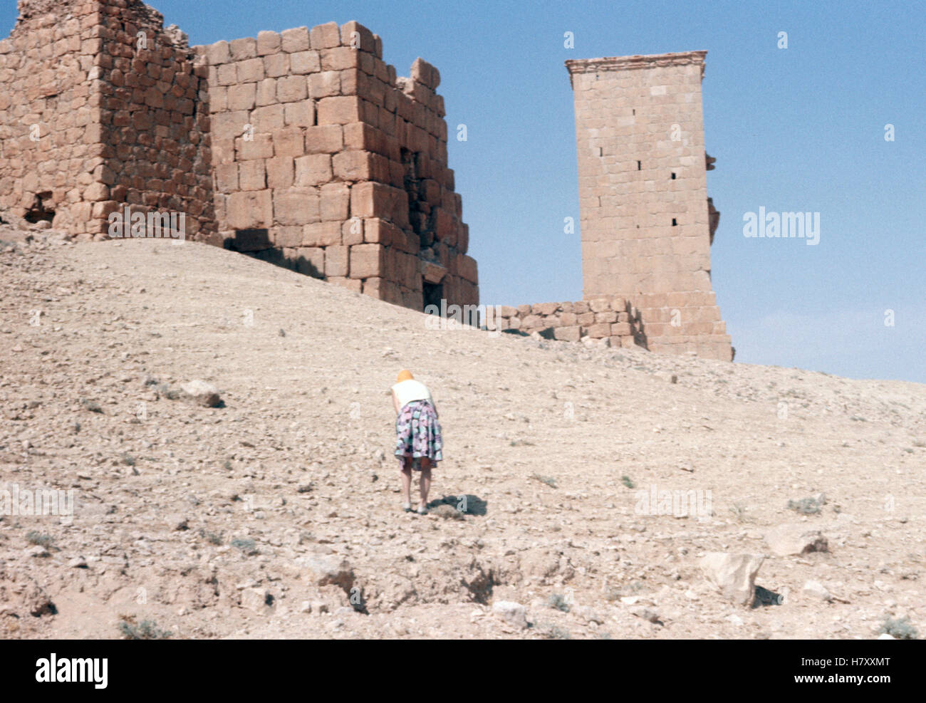 A woman stands in front of the tower tombs close to the ancient Syrian ...
