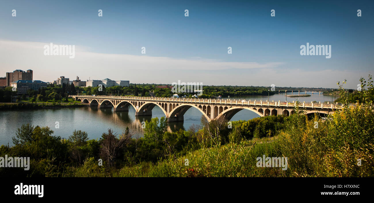 Bridge crossing the South Saskatchewan River; Saskatoon, Saskatchewan ...