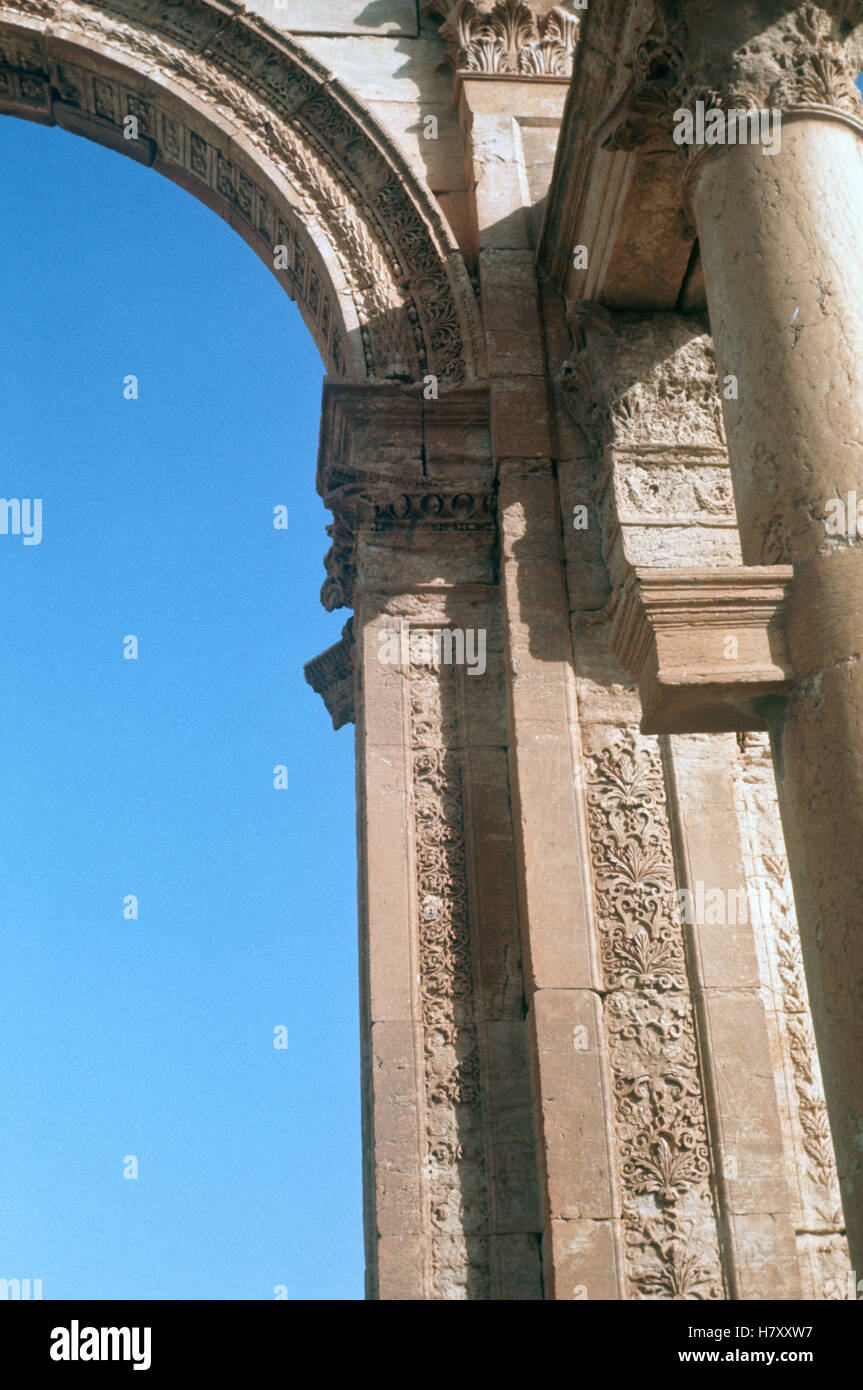 A detail at the "Monumental Arch of Palmyra" at the ancient Syrian city ...