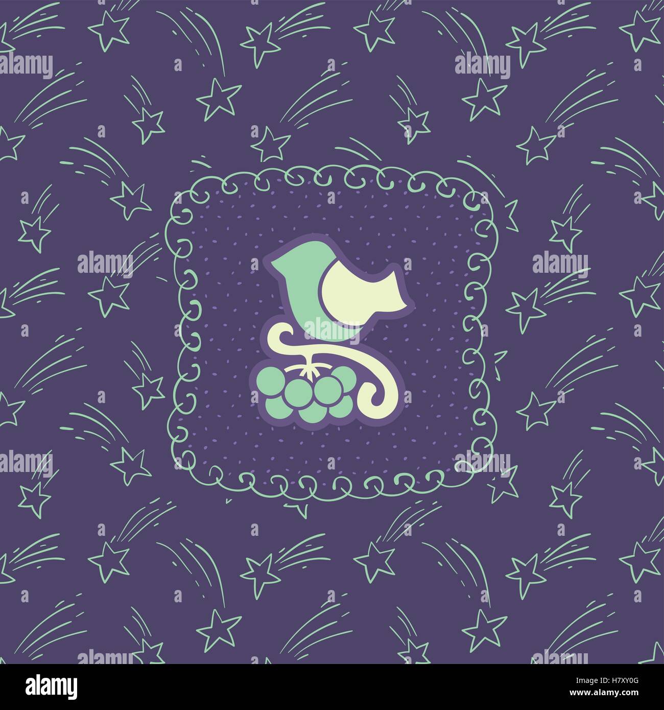 Christmas and New Year vintage ornate frame with little bird sitting on ...