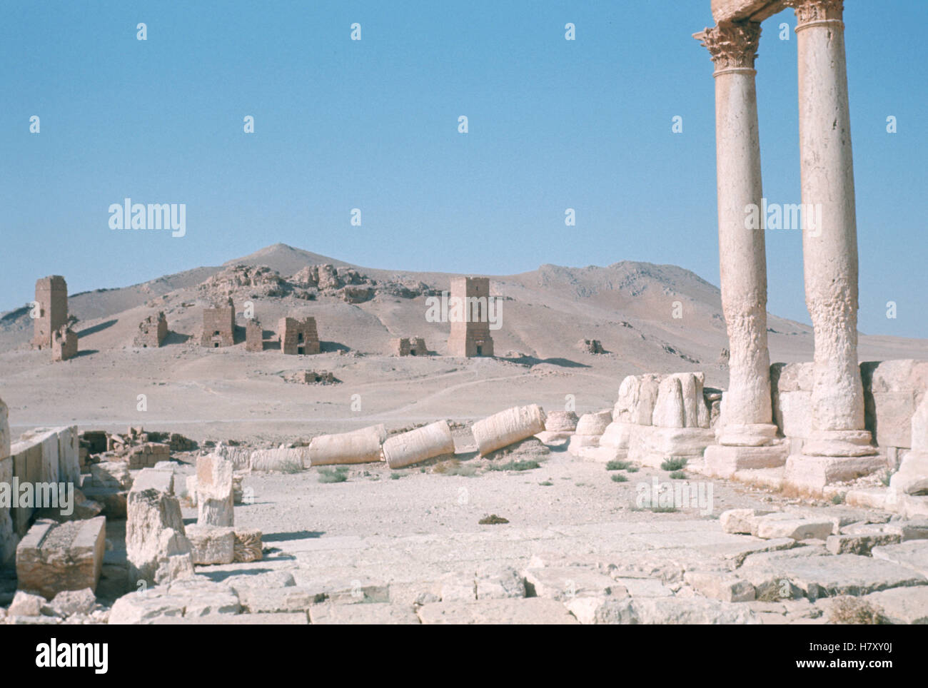 View over the tower tombs close to the ancient Syrian city of Palmyra ...