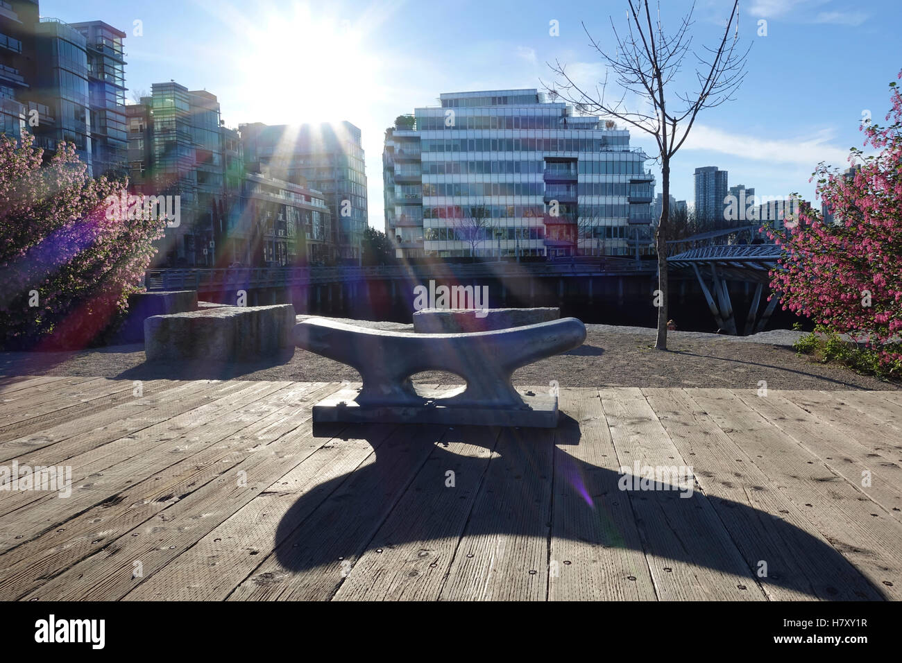 Cleat bench in Hinge Park area, False creek Vancouver waterfront ...