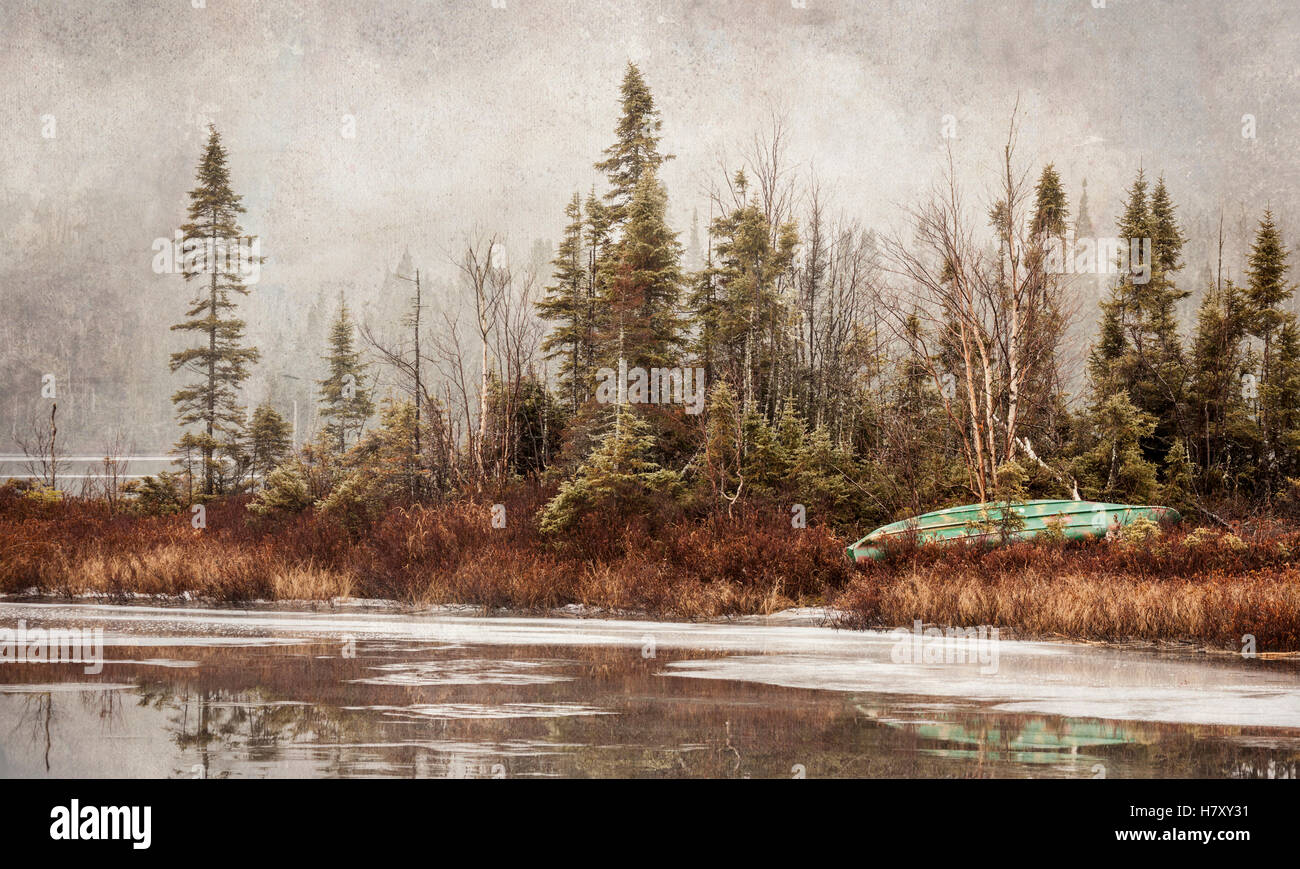 Northern autumn landscape in fog and ice; Thunder Bay, Ontario, Canada ...