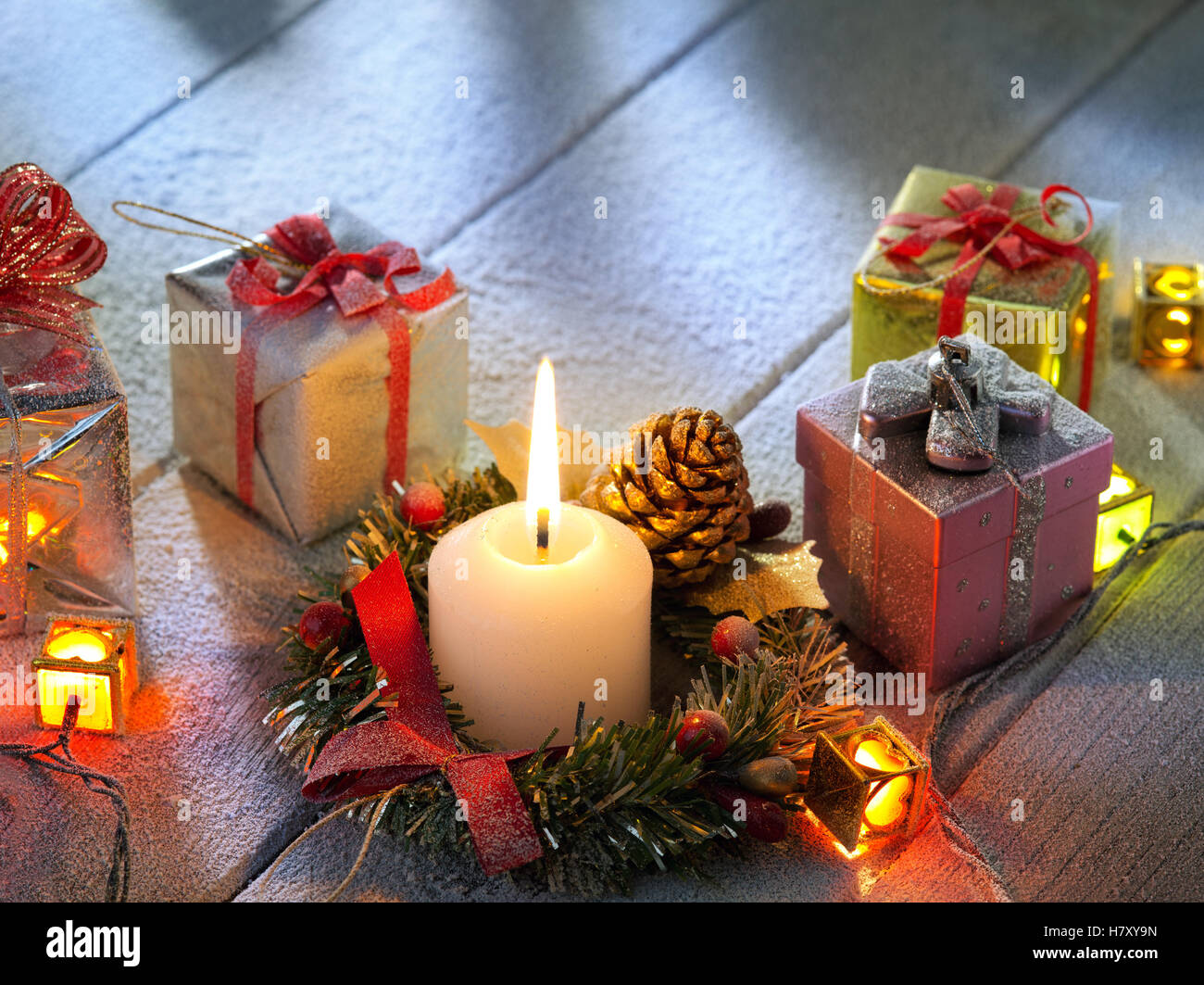 close up view of gifts boxes on snowbound wooden back Stock Photo - Alamy