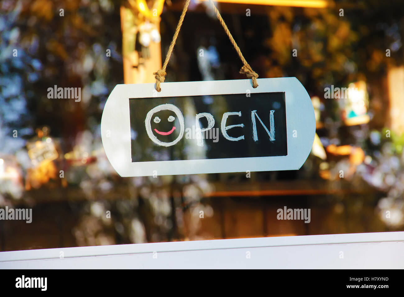 Door window sign open with smile handwritting with chalk Stock Photo ...