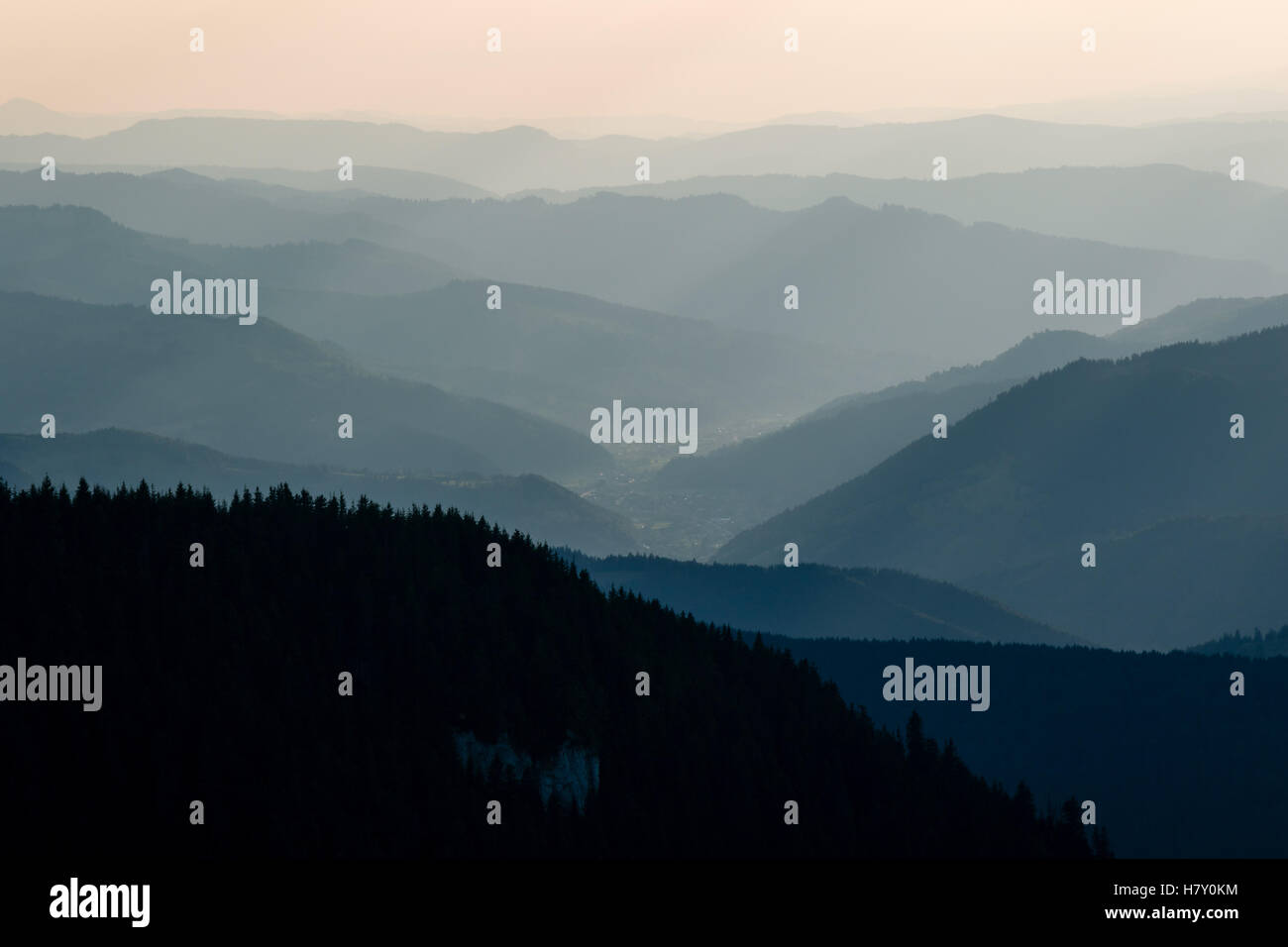 beautiful natural smoky scenic mountain sunset landscape Stock Photo ...