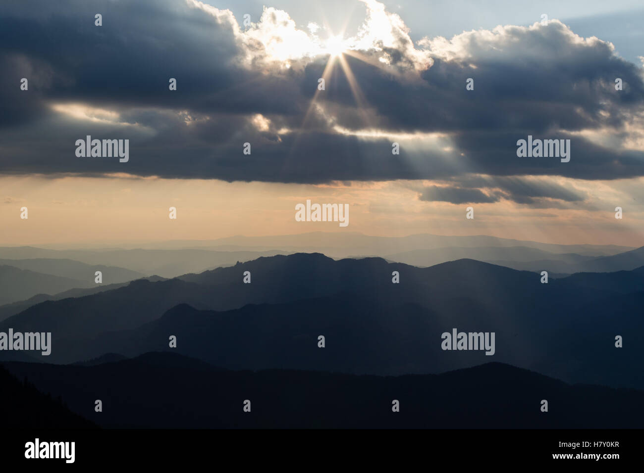 beautiful natural smoky scenic mountain sunset landscape Stock Photo ...