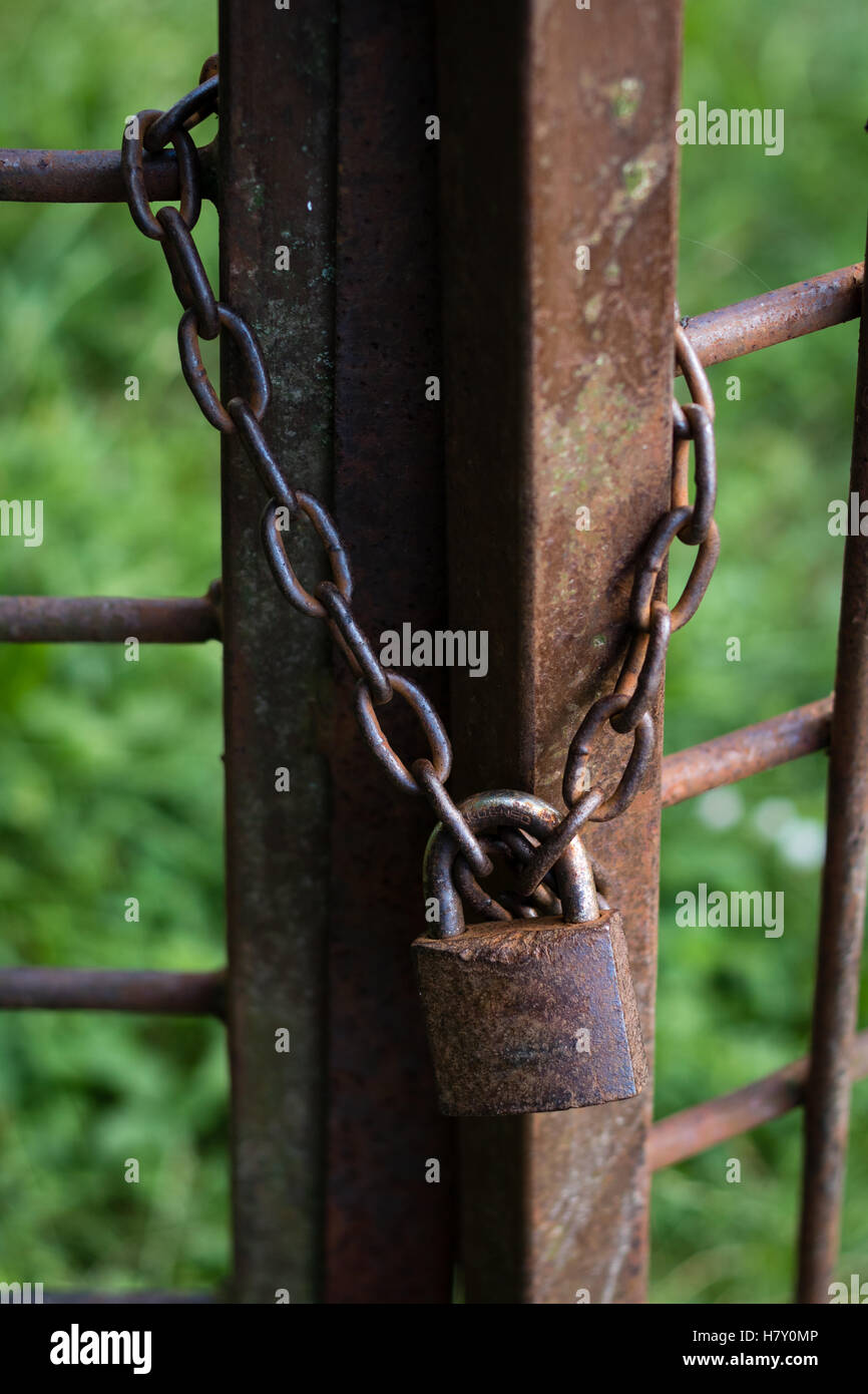 old retro rusted metal padlock with chain Stock Photo - Alamy