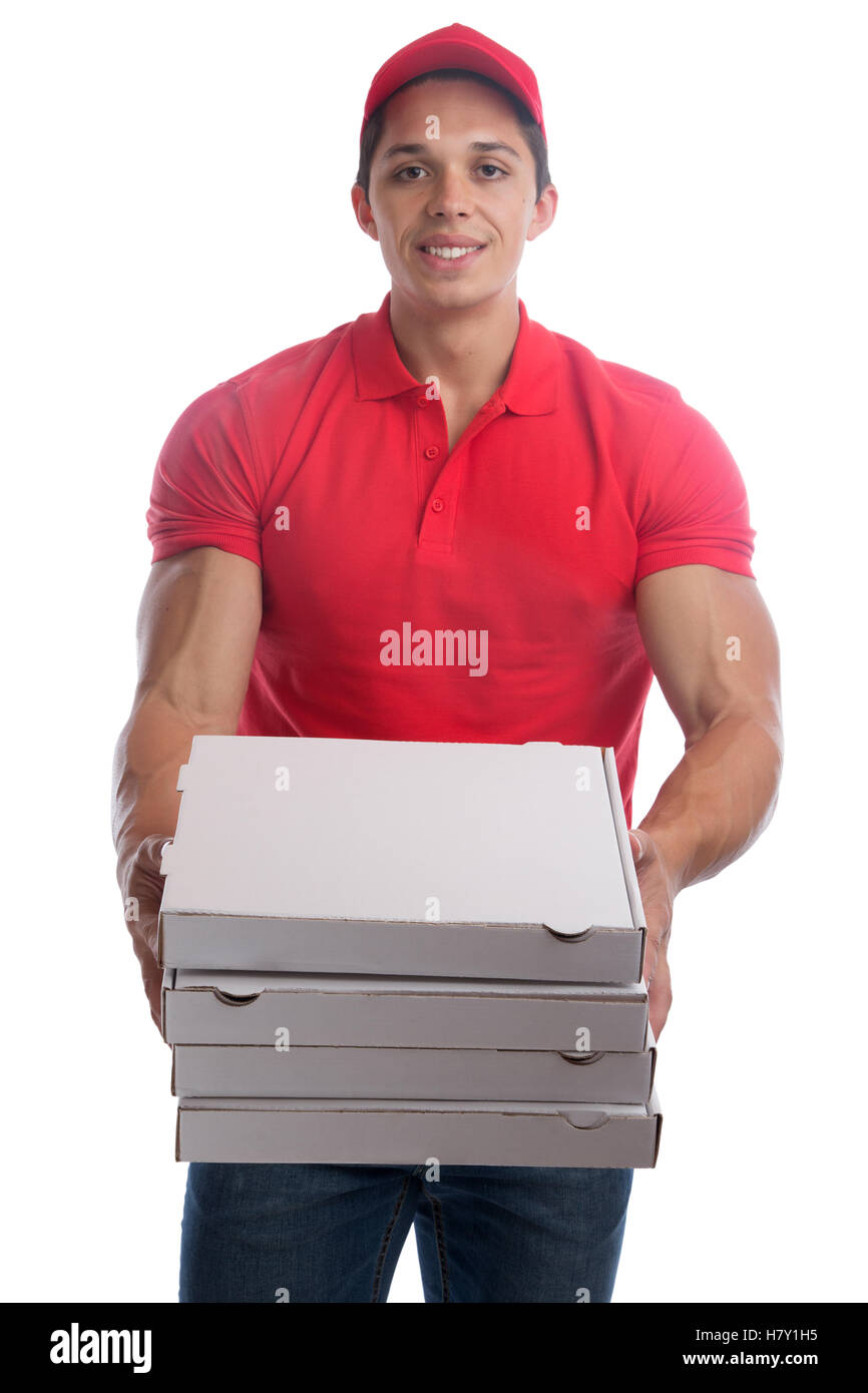 Pizza delivery man order delivering job young isolated on a white ...