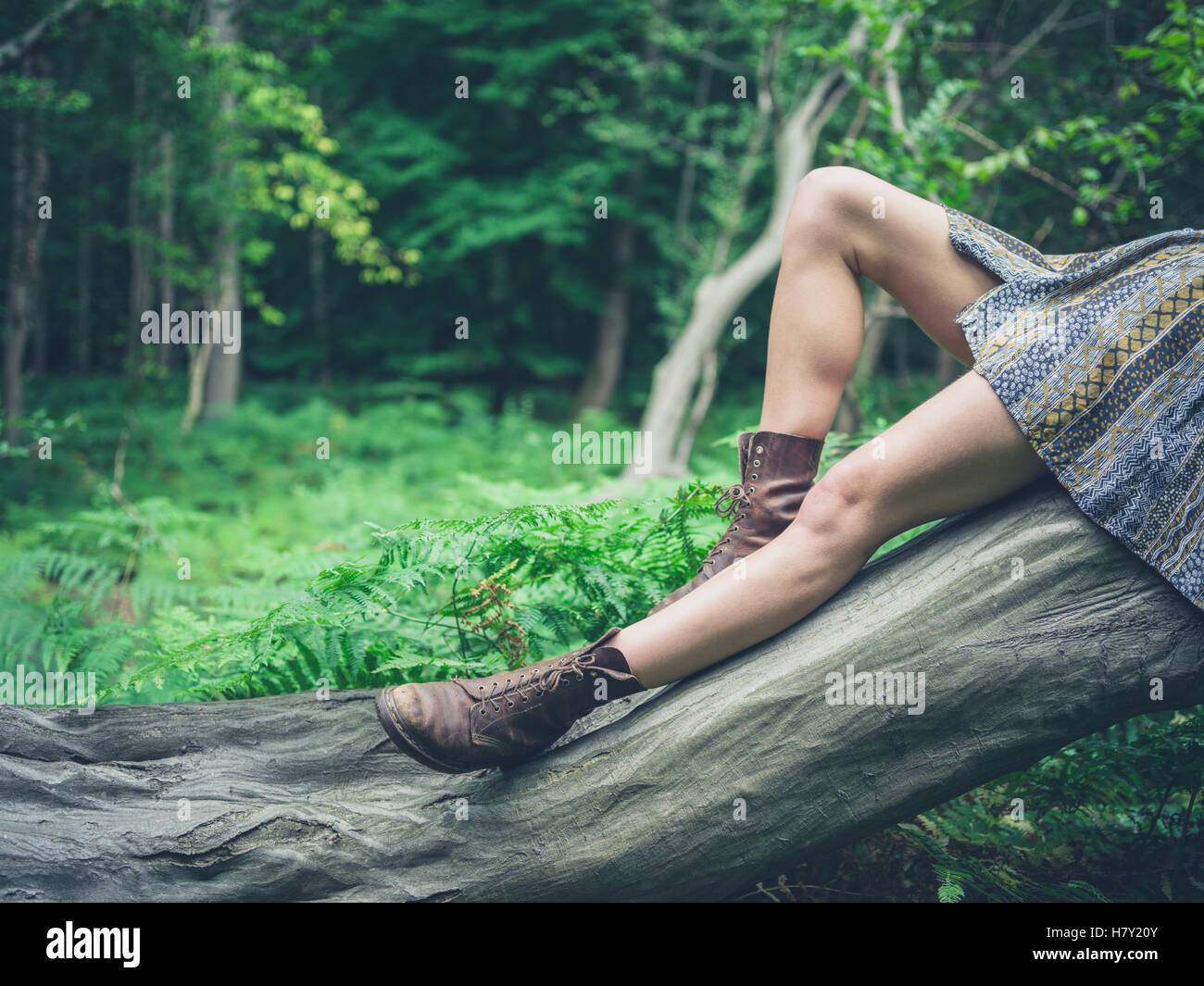A young woman is lying on a fallen tree in the forest surrounded by ...