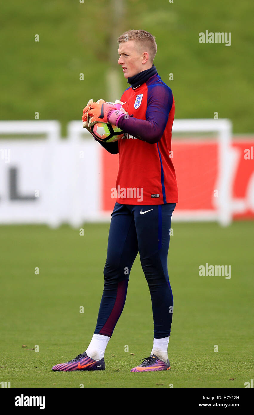 England's Jordan Pickford during a training session at St George's Park ...