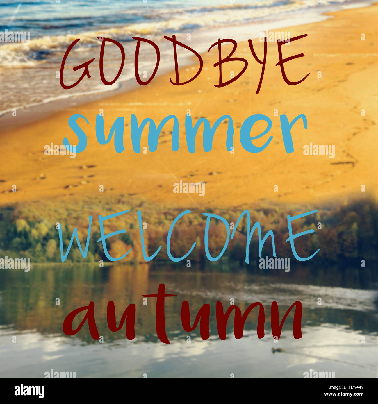 Hello autumn concept with inspirational message on background with sea ...