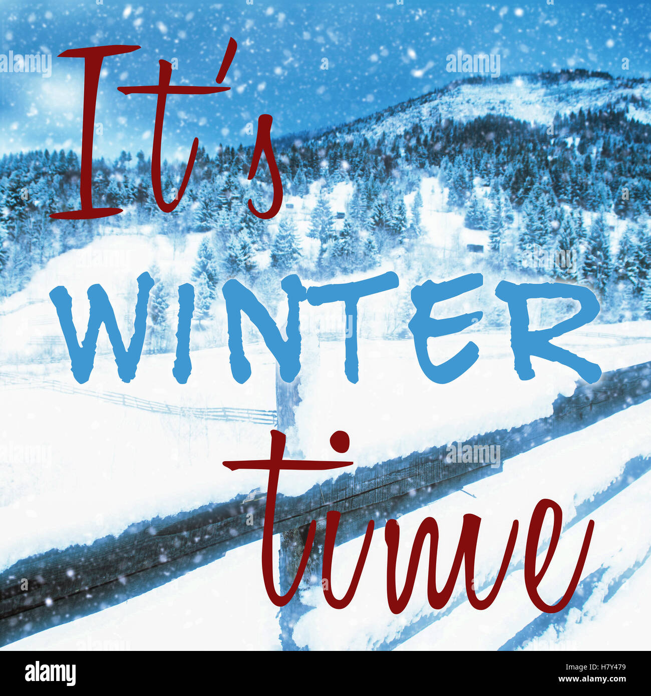 Inspirational text on winter background with trees full of frosty snow ...