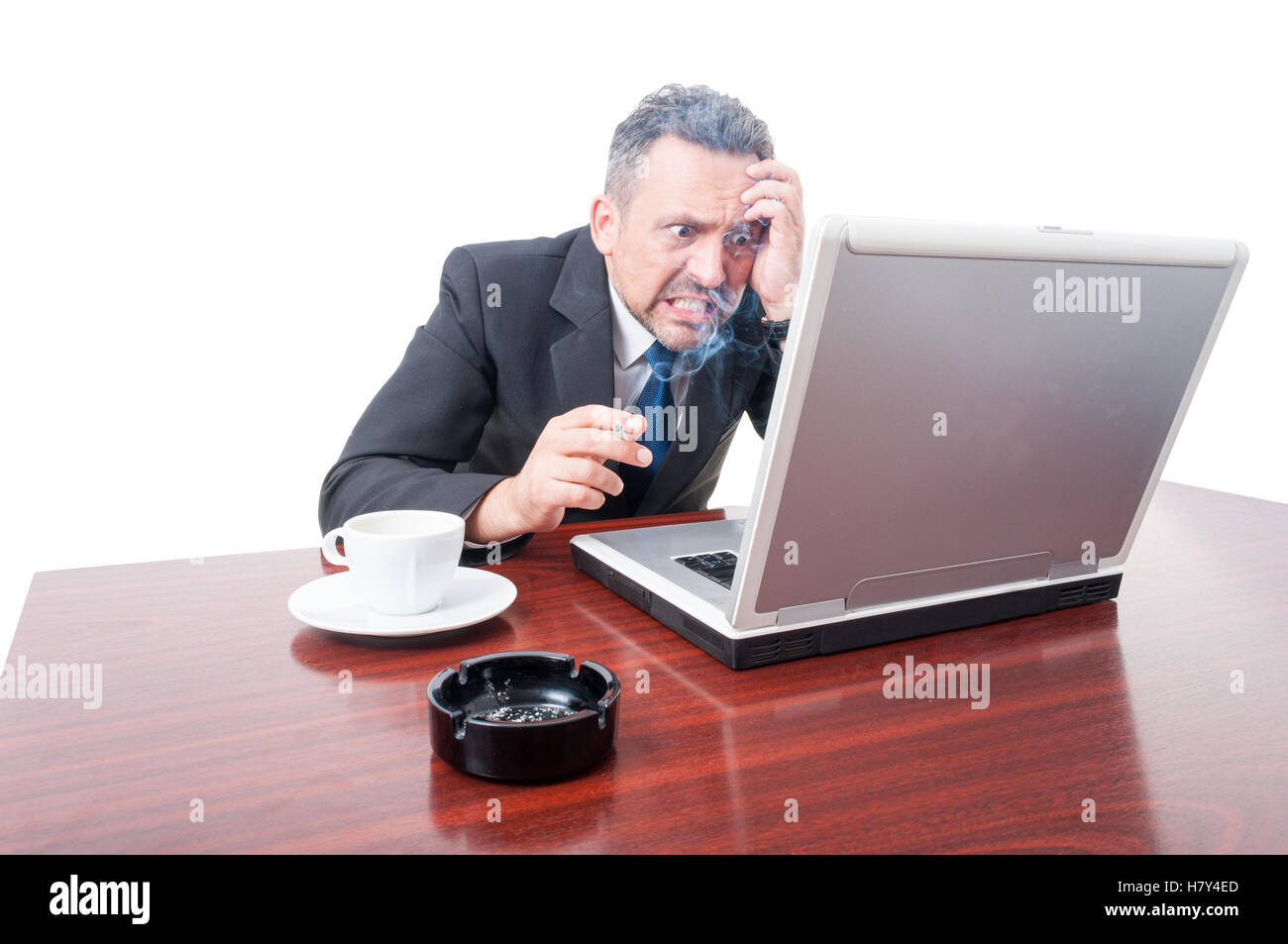 Man wearing suit at office being very angry and shouting isolated on ...