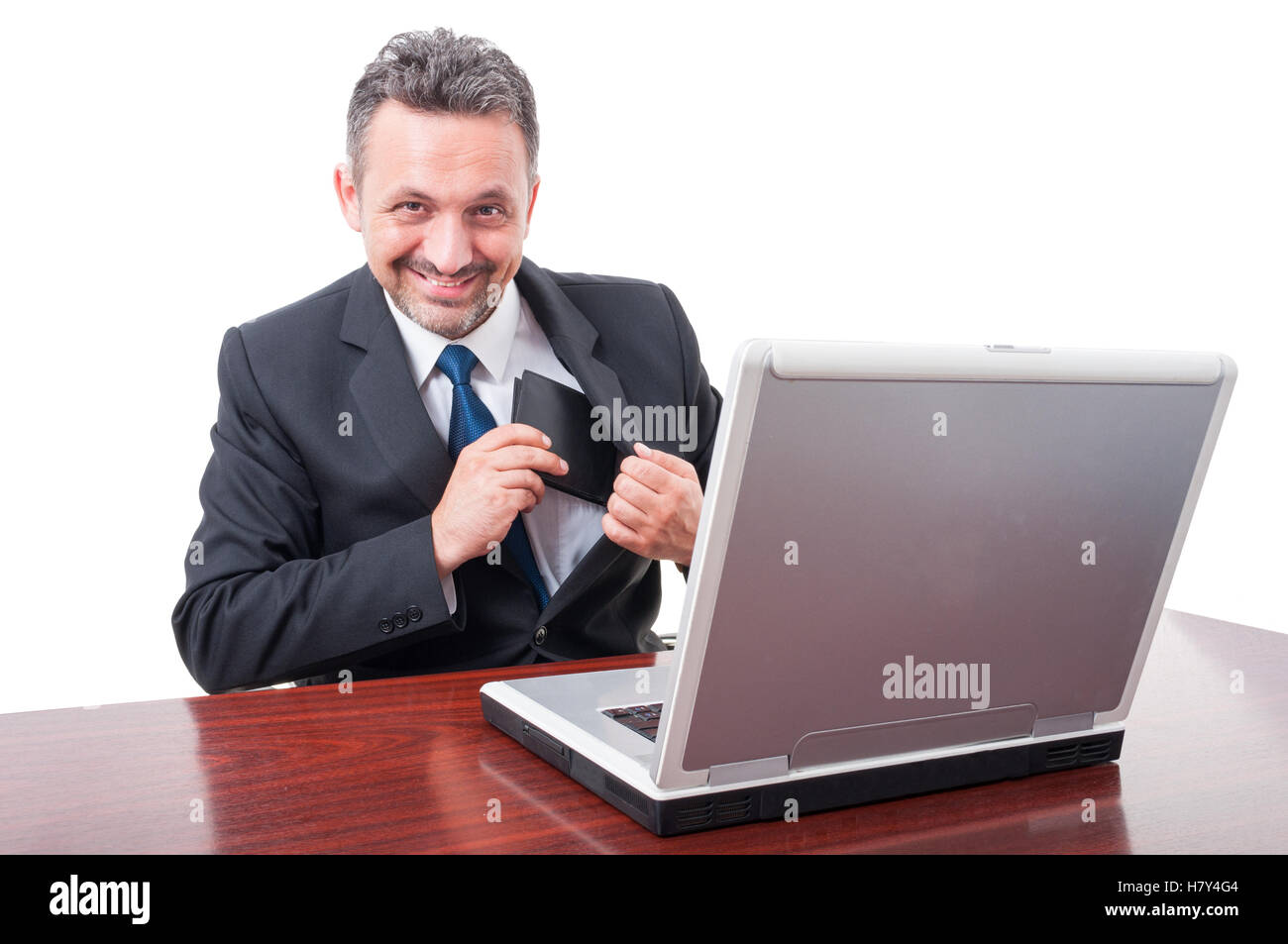 Business man or worker being happy with wallet isolated on white ...