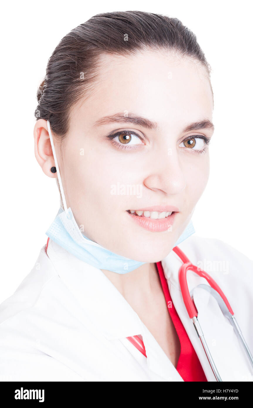 Close up portrait of pretty woman medic with positive attitude isolated ...