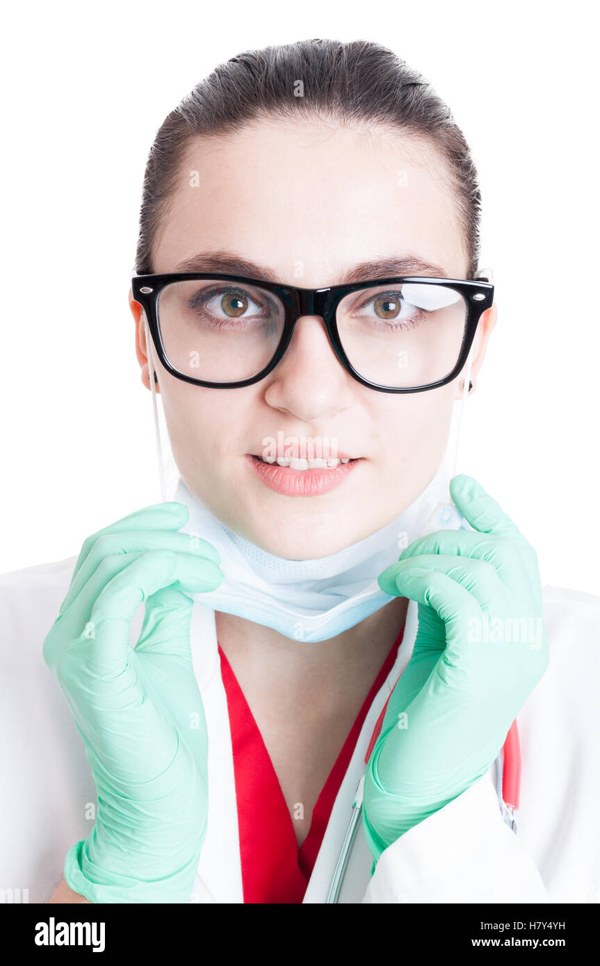 Beautiful portrait of woman doctor with spectacles wearing protection ...
