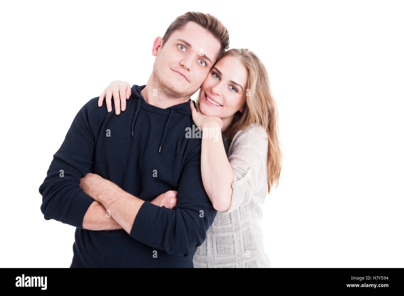 Happy couple posing as being perfect and joyful isolated on white ...