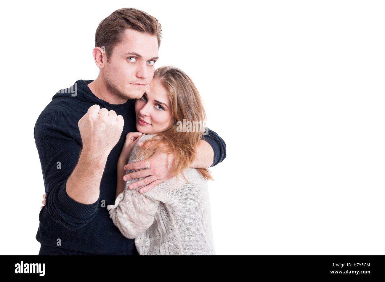 Man defending his woman showing fist like having a fight isolated on ...