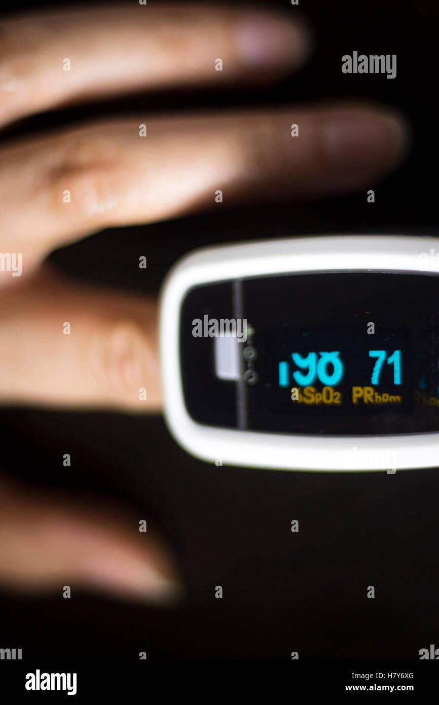 Portable hand held domestic cardiac finger pulse rate meter to show ...