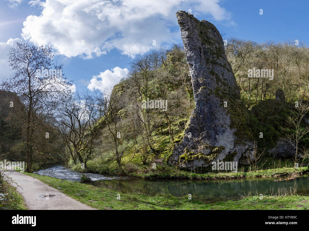 The limestone pinnacle known as Ilam Rock in Dovedale, Peak District ...