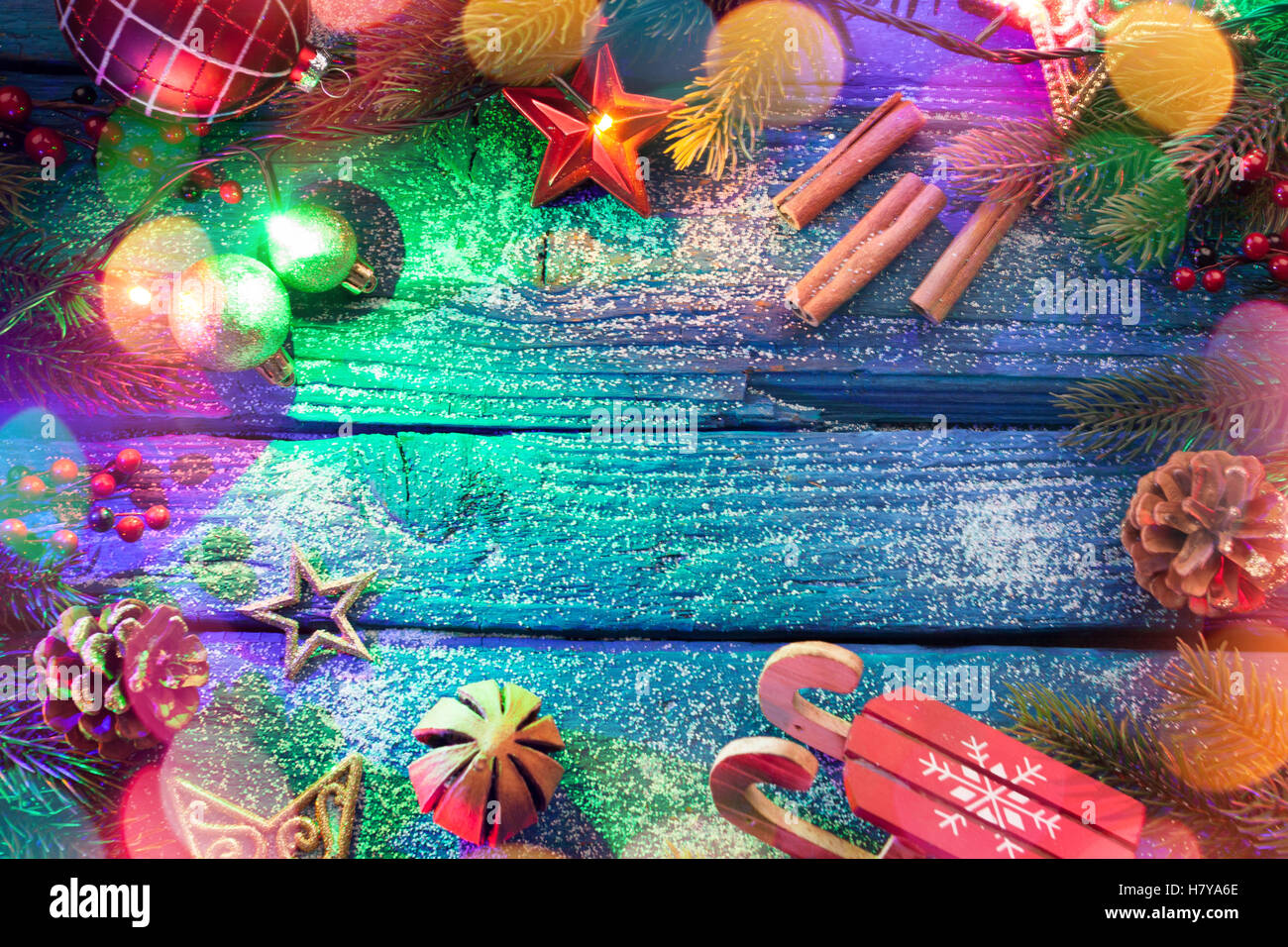 Christmas border with decoration on a wooden board Stock Photo - Alamy