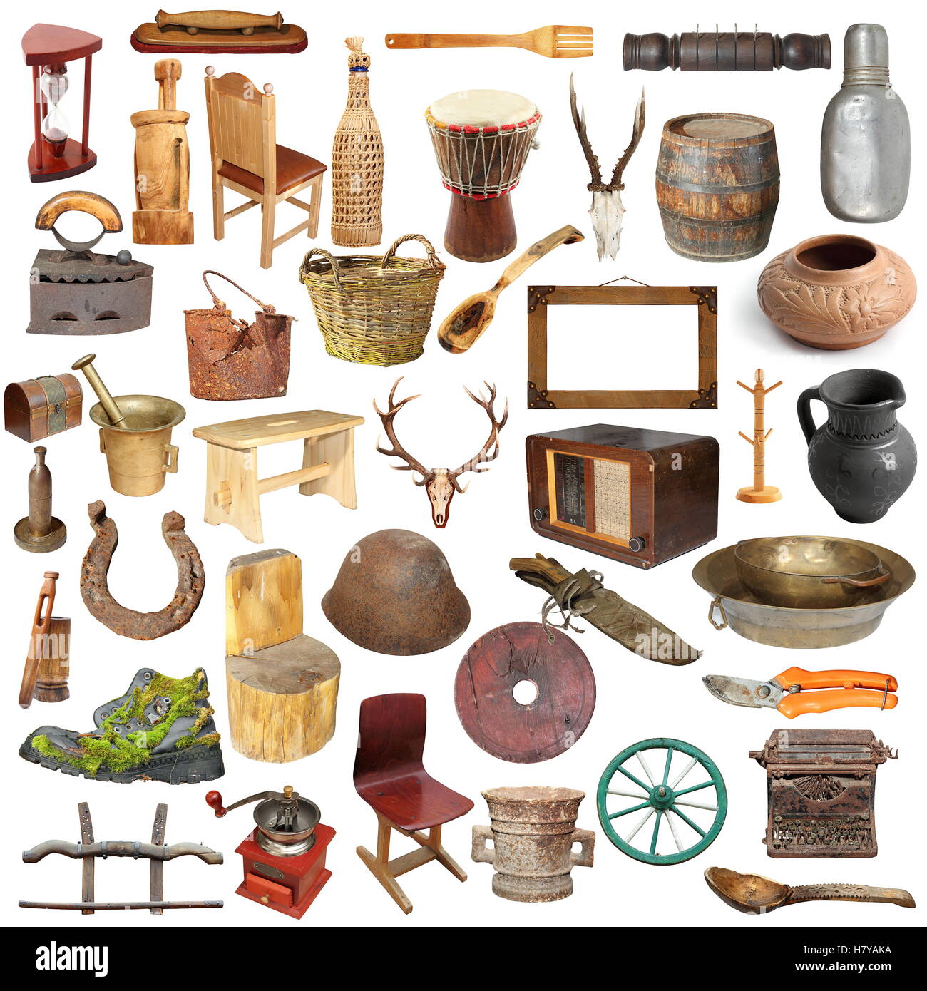 large collection of different vintage objects isolated over white ...