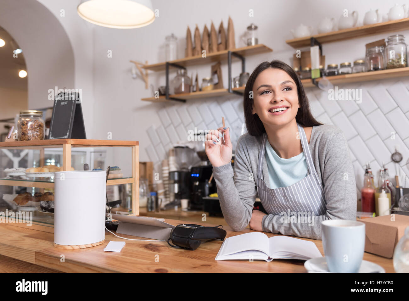 Beautiful inspired woman taking notes during work Stock Photo - Alamy